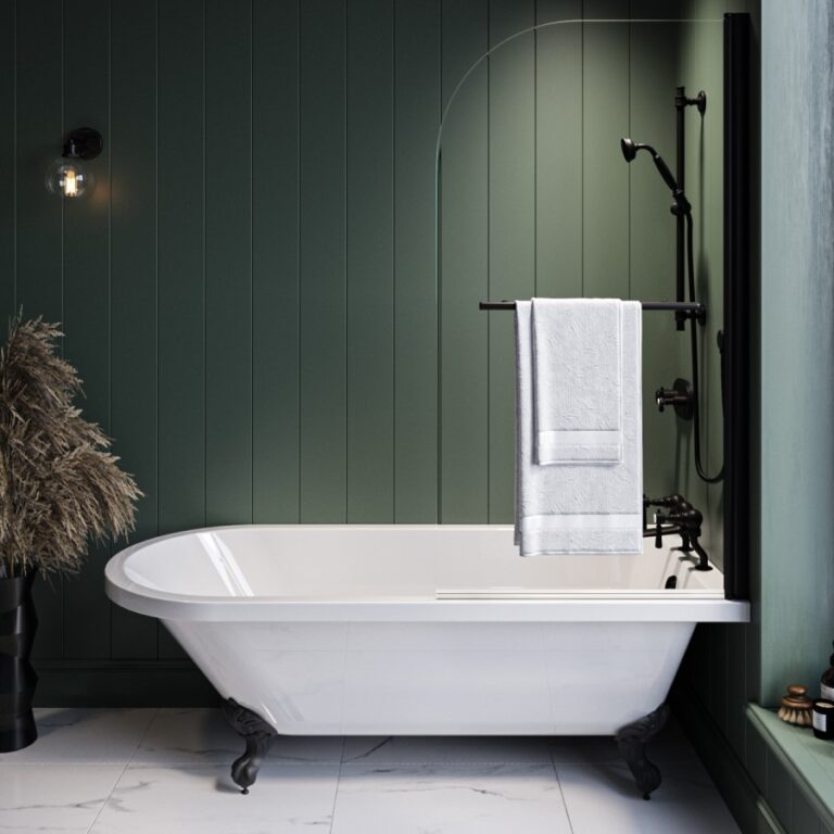 Freestanding Single Ended Shower Bath with Black Feet & Bath Screen ...